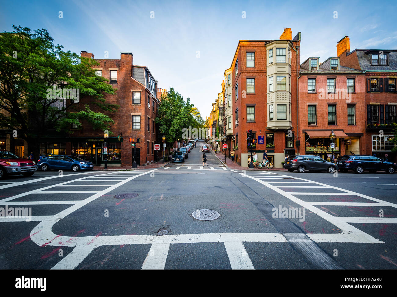 Intersection and old buildings in Beacon Hill, Boston, Massachusetts ...