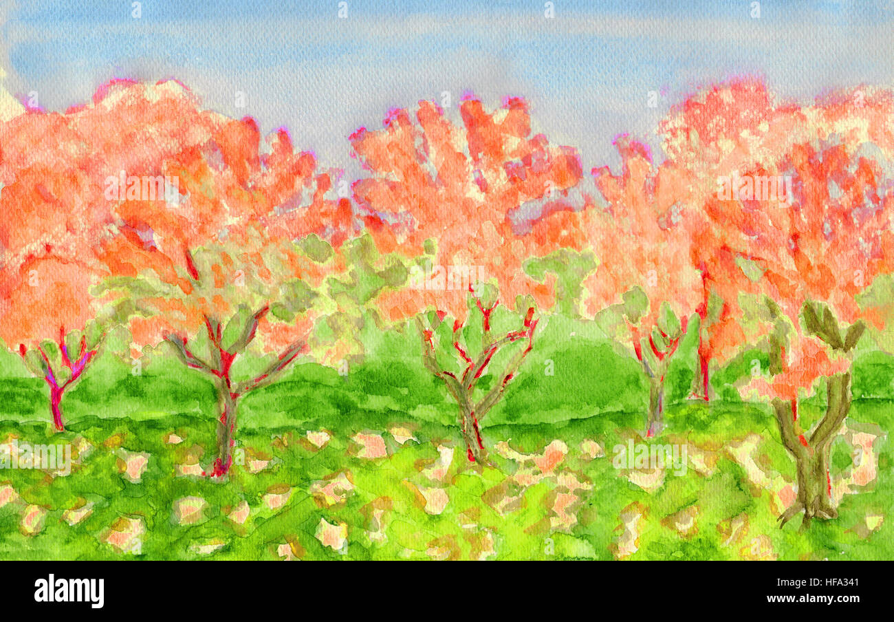 Autumn landscape, orange trees, hand painted picture watercolours Stock ...
