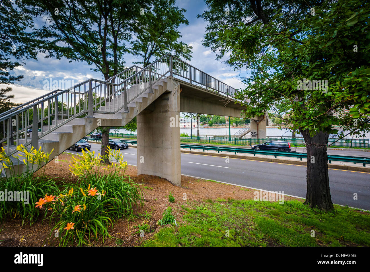Pedestrian bridge over Storrow Drive, at Boston University, in Boston ...