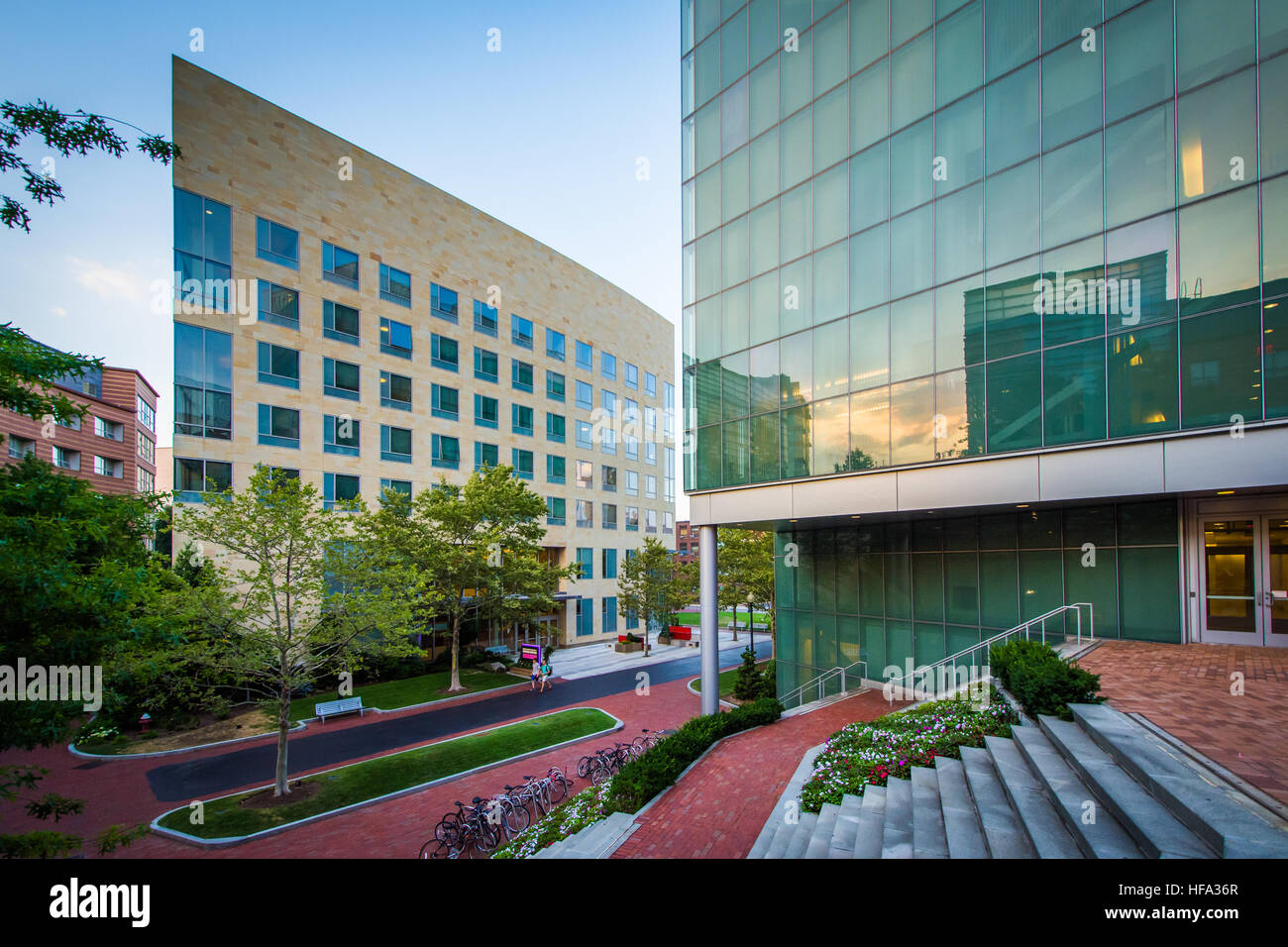 Staircase and modern buildings at Northeastern University, in Boston ...