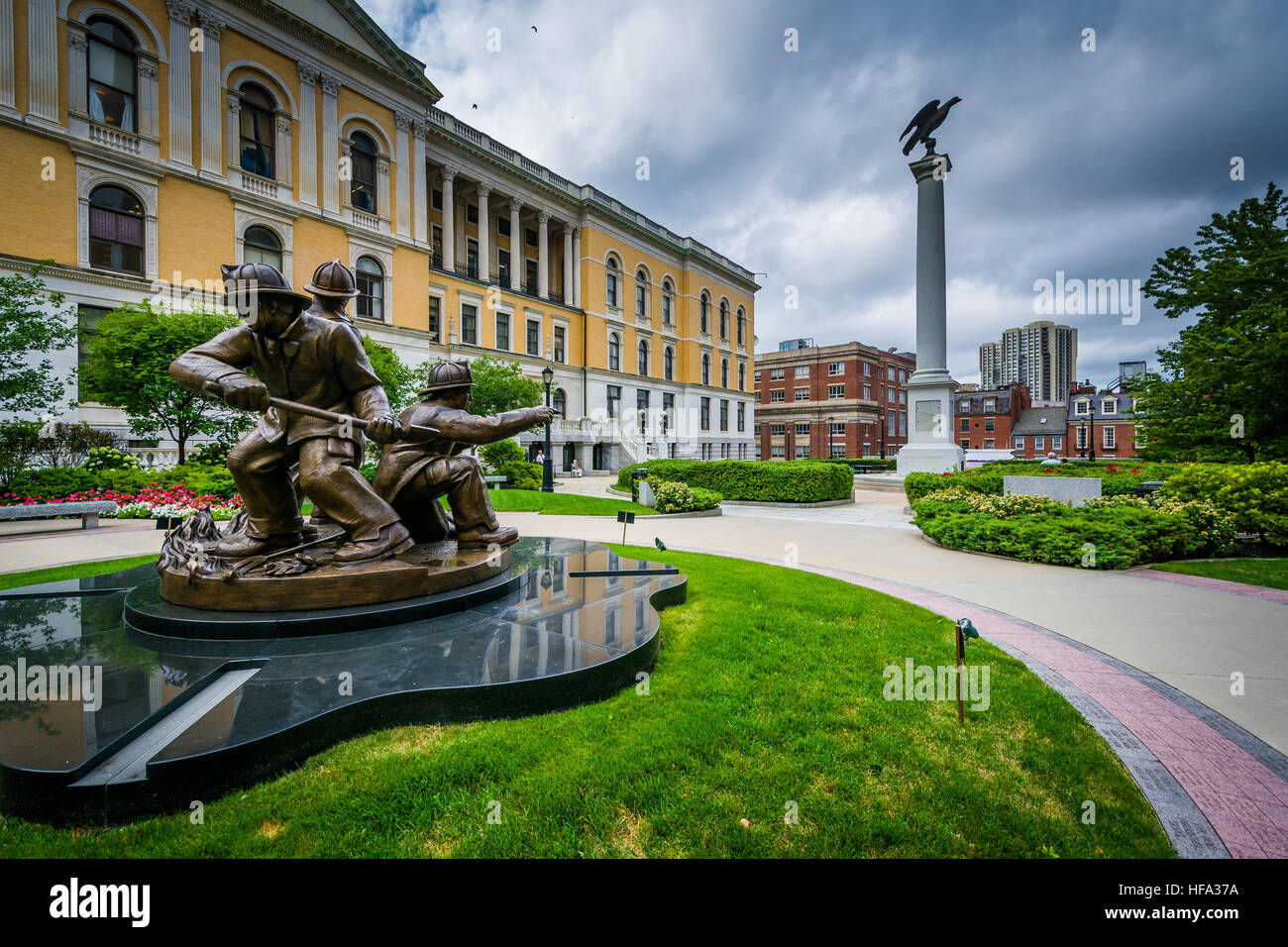 Statues and monument outside the Massachusetts State House, in Beacon ...