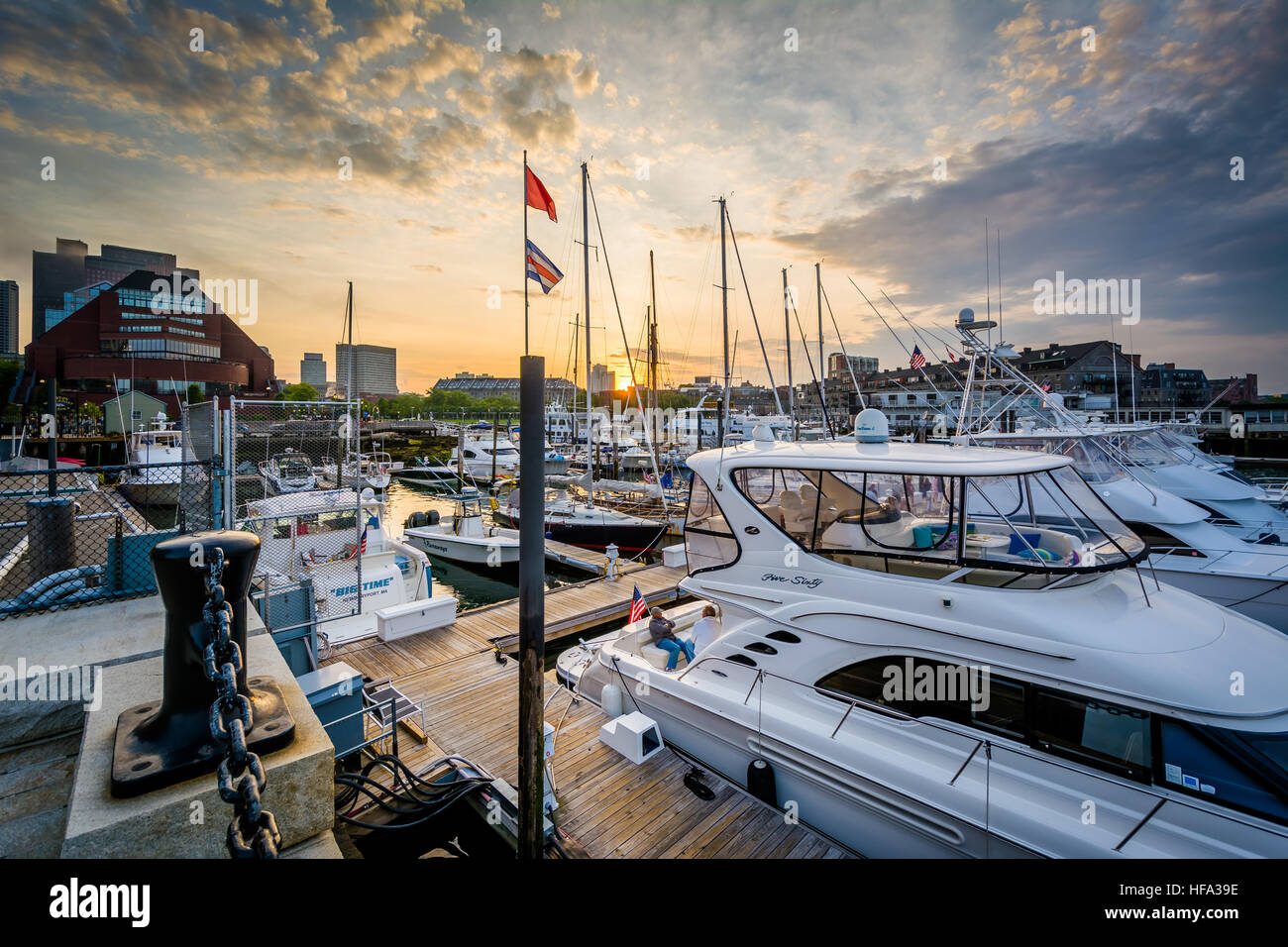 Sunset over a marina on the waterfront in the North End of Boston ...