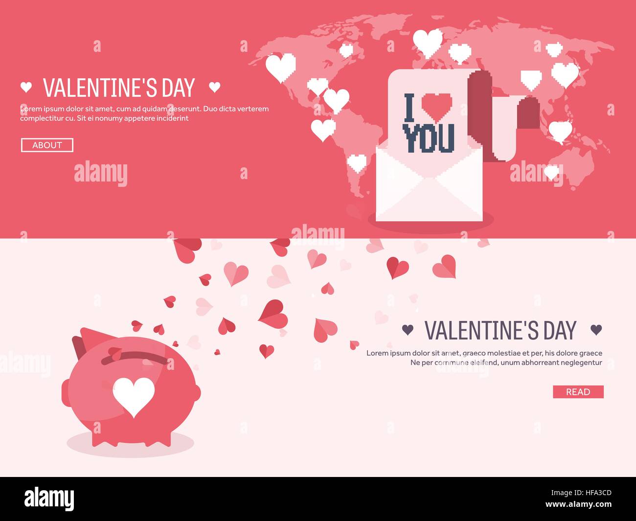 Vector illustration. Flat background with piggy bank. Love, hearts ...