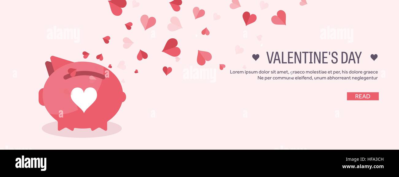 Vector illustration. Flat background with piggy bank. Love, hearts ...