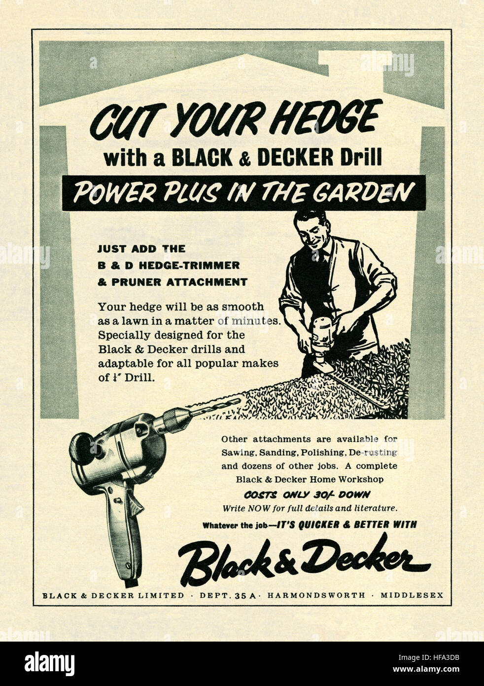 An advert for a Black and Decker drill hedge trimming attachment. It ...