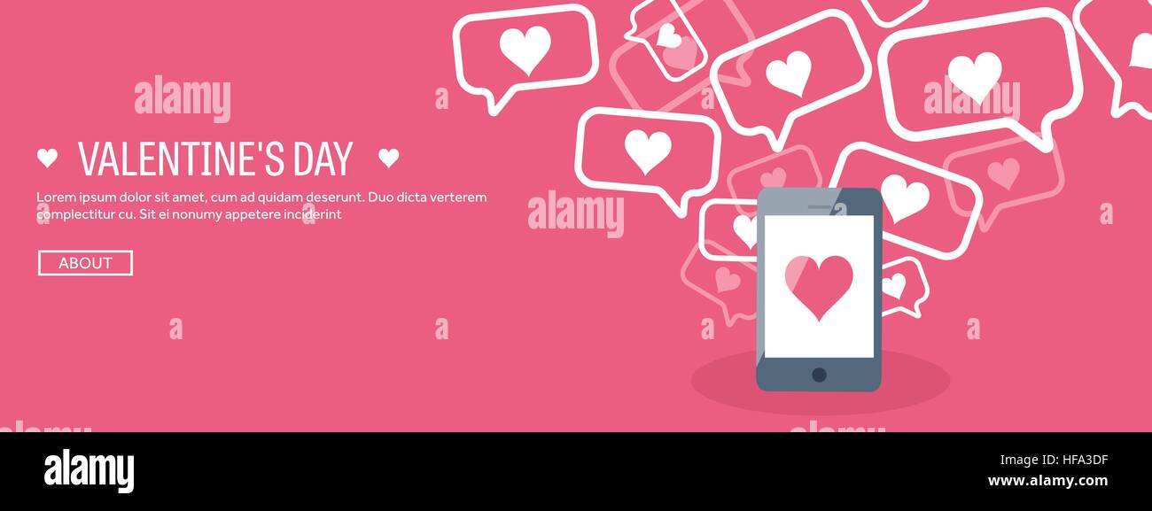Vector illustration. Flat background with smartphone. Love, hearts ...