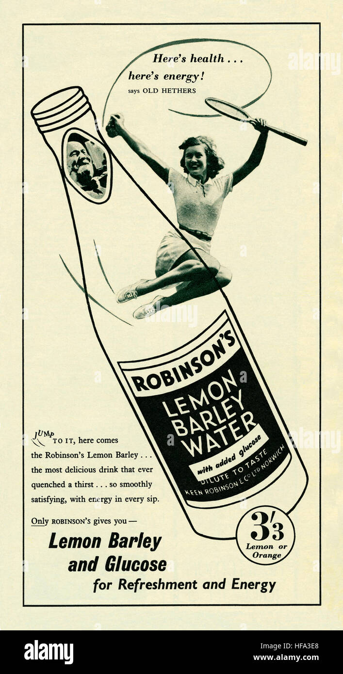 A 1957 advert for Robinson's Lemon Barley Water energy drink. The ...