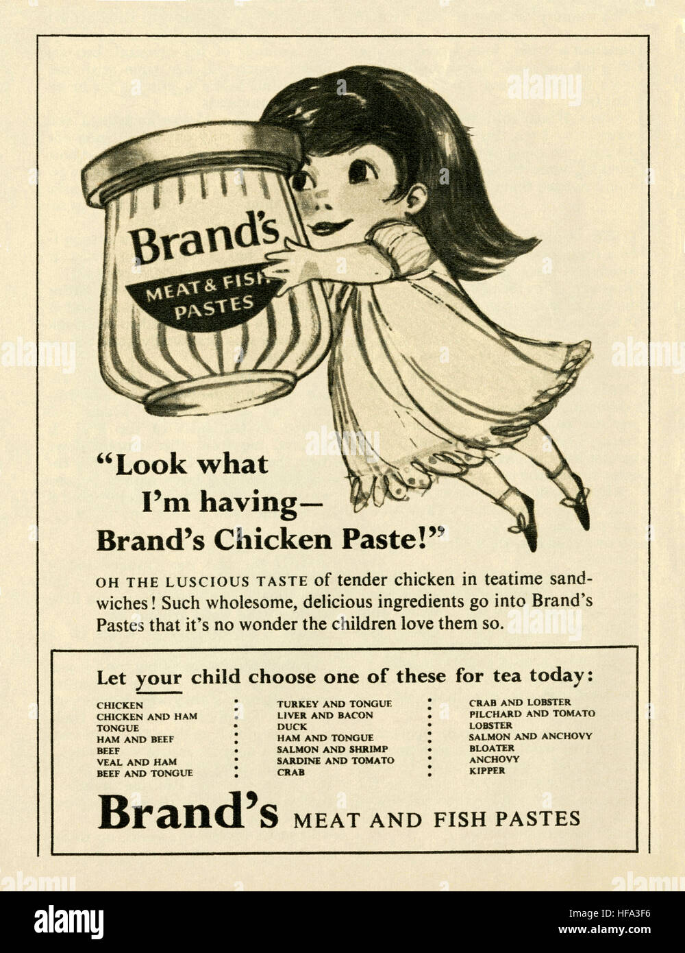 A 1959 advert for Brand's meat and fish pastes. The advert appeared in ...