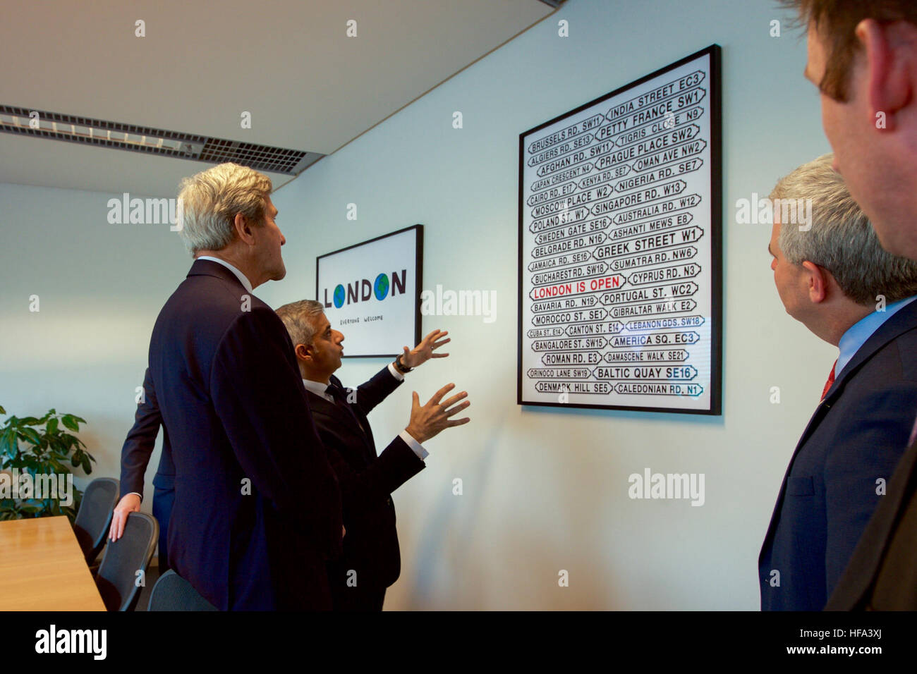 London Mayor Sadiq Khan shows U.S. Secretary of State John Kerry a new ...