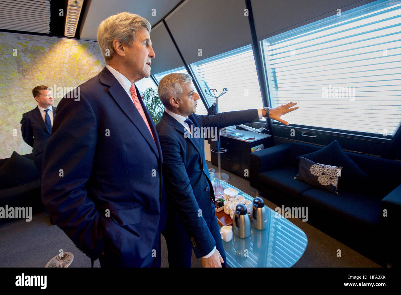 London Mayor Sadiq Khan shows U.S. Secretary of State John Kerry the ...
