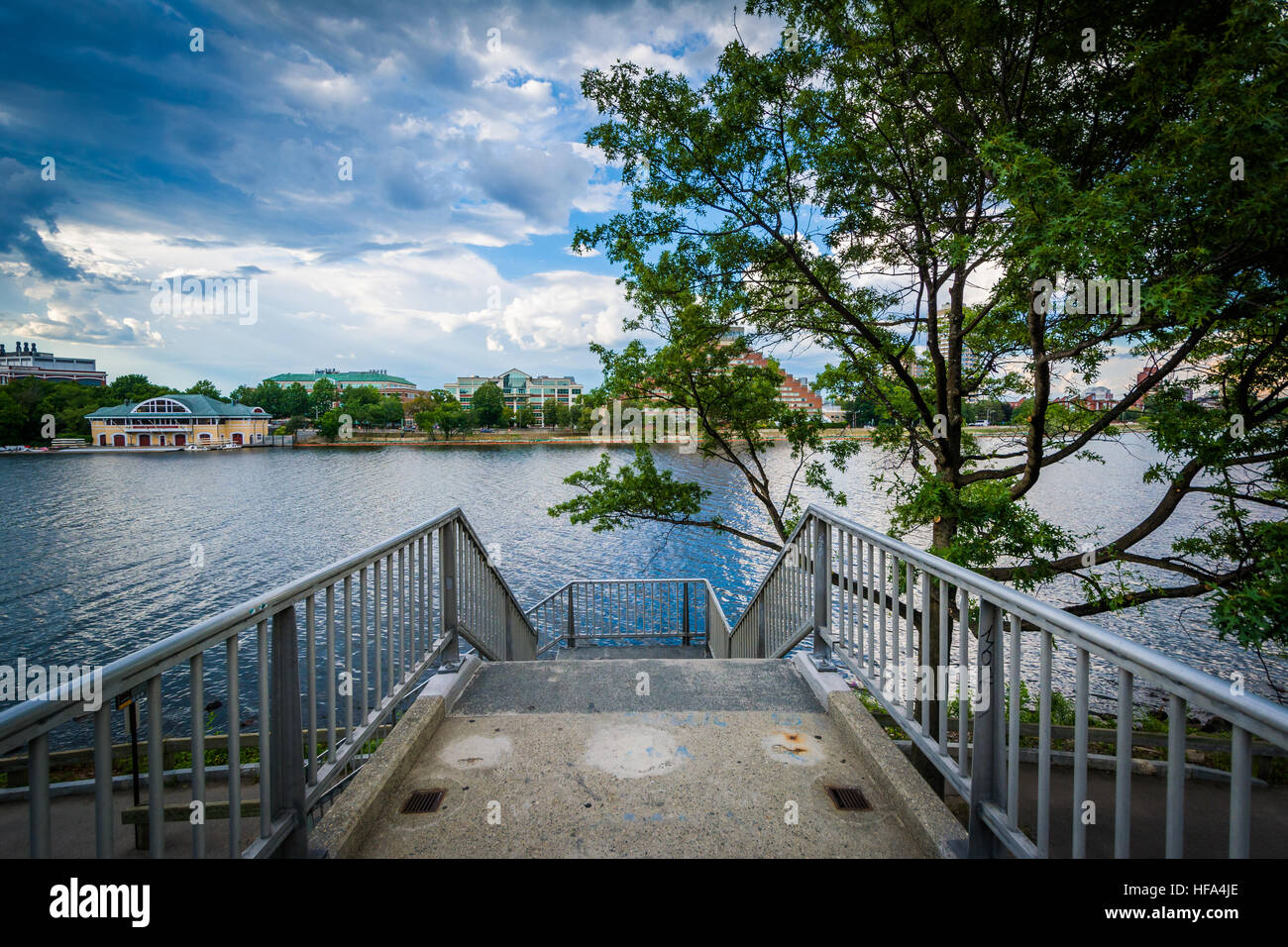 View of the Charles River from a pedestrian bridge over Storrow Drive ...
