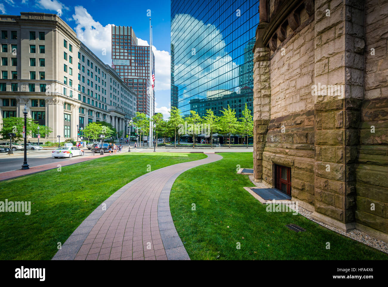 Walkway and the exterior of Trinity Church, in Back Bay, Boston ...