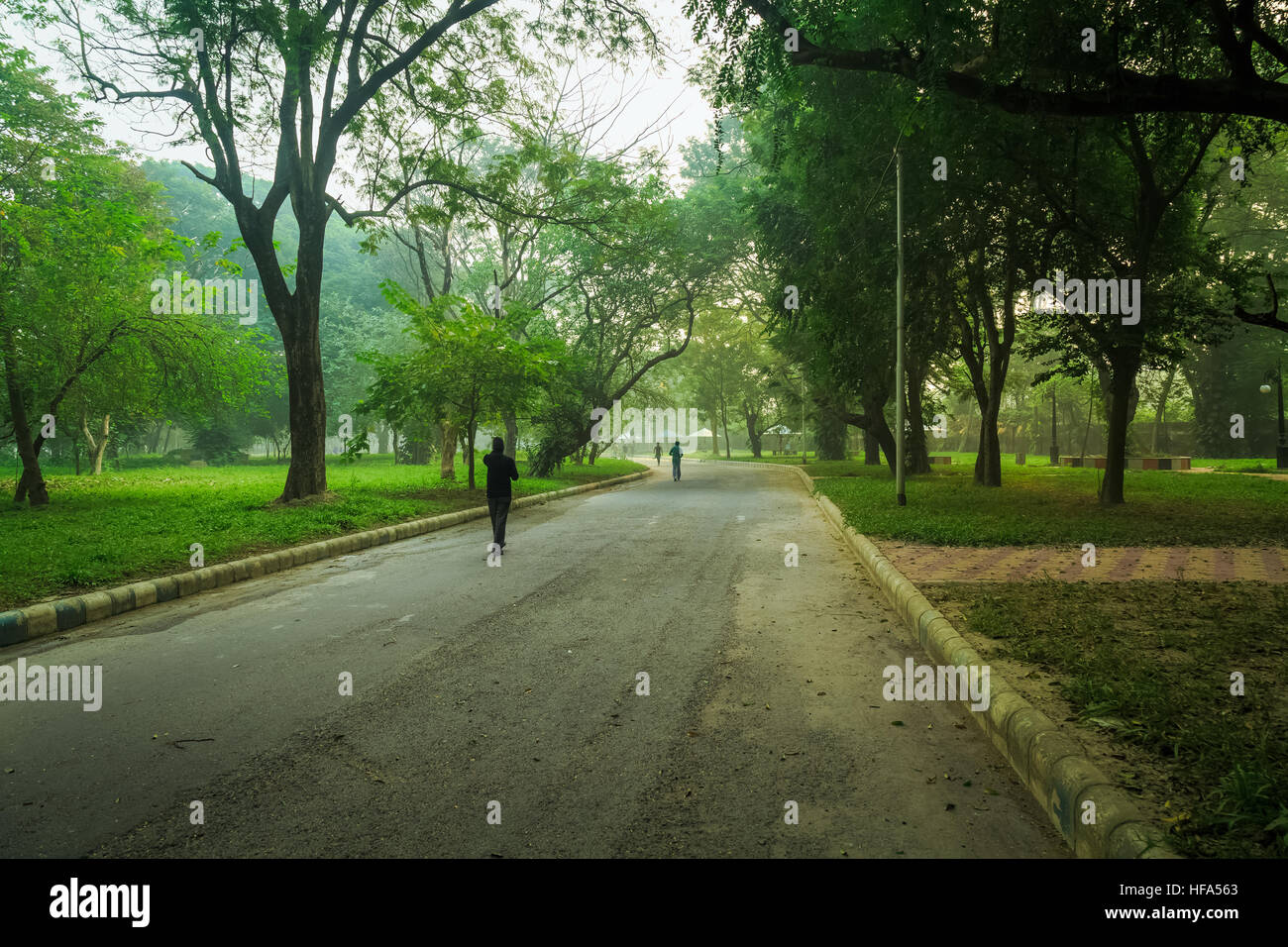Joggers park with people walking running jogging on a road inside the ...