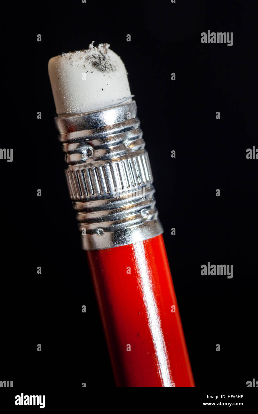 Red Pencil with used eraser Stock Photo - Alamy