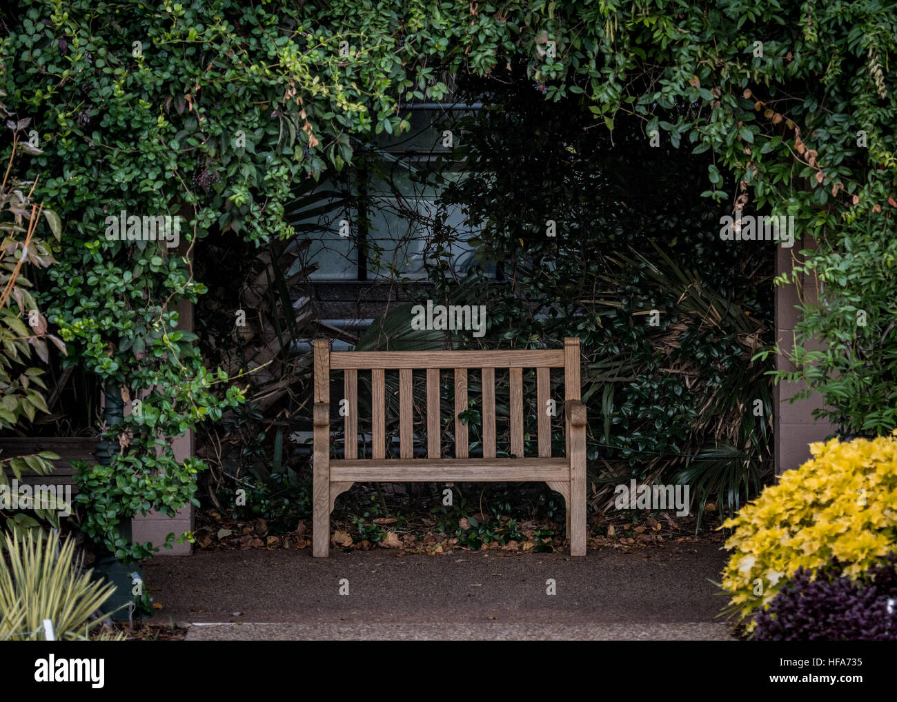Park Bench in Alcove in outdoor garden Stock Photo - Alamy