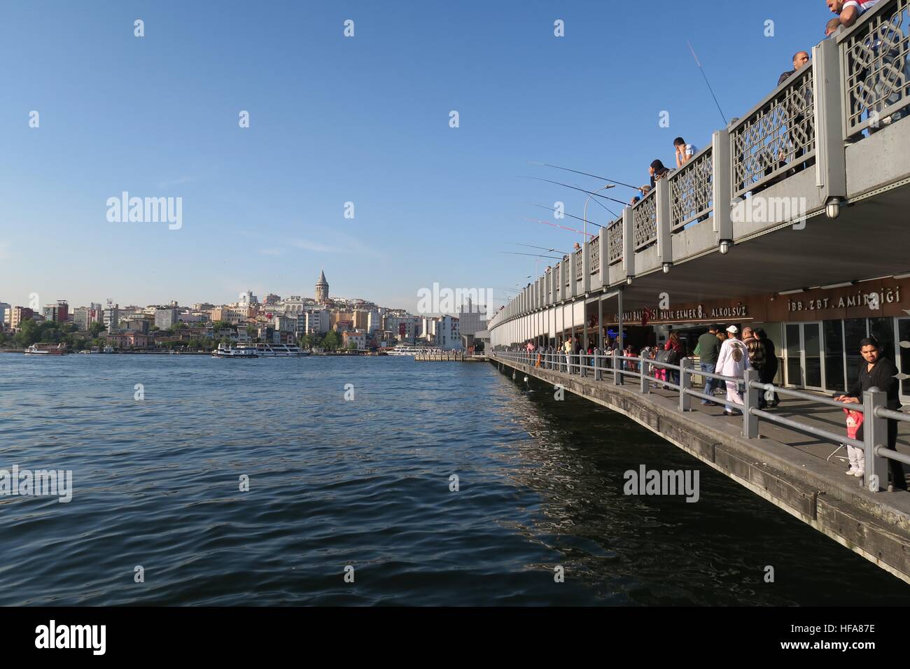 Fishing at Galata Bridge - Golden Horn - in Istanbul, Turkey Stock ...