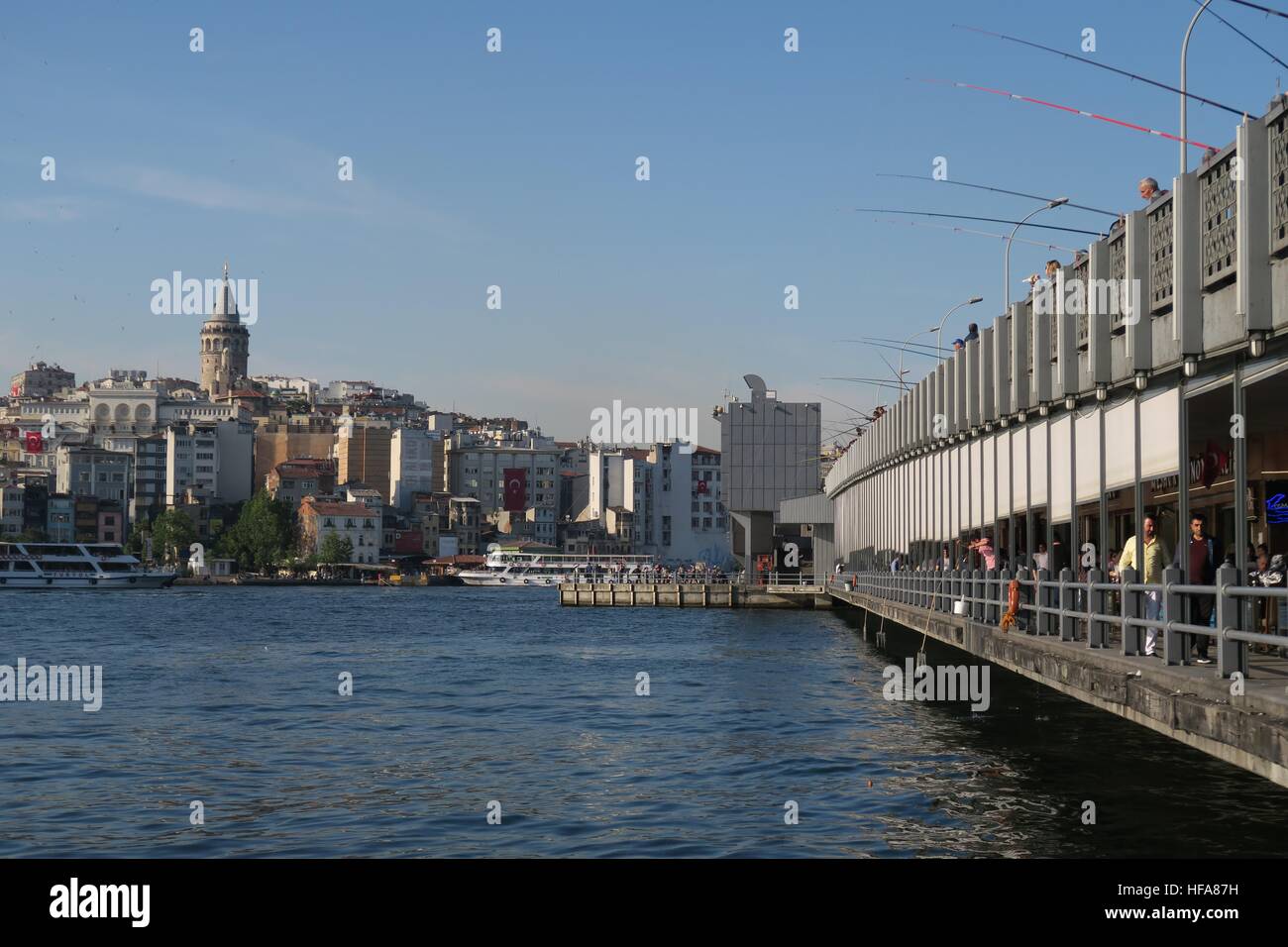 Fishing at Galata Bridge - Golden Horn - in Istanbul, Turkey Stock ...