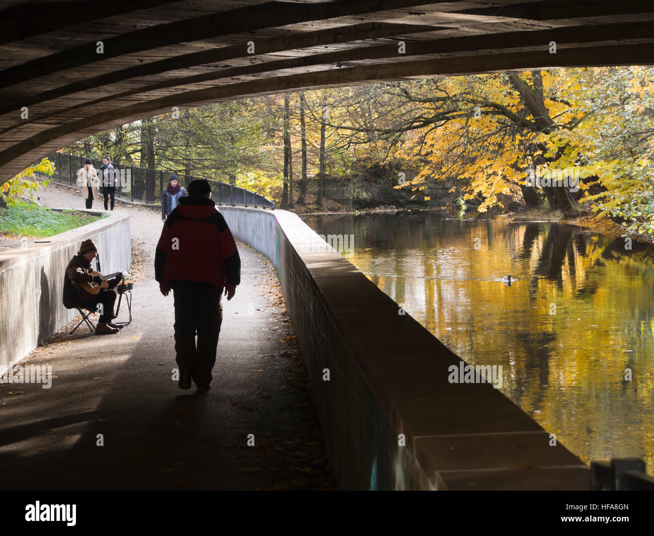 Yellow dominating the banks of Akerselva river on an autumn Sunday , a ...