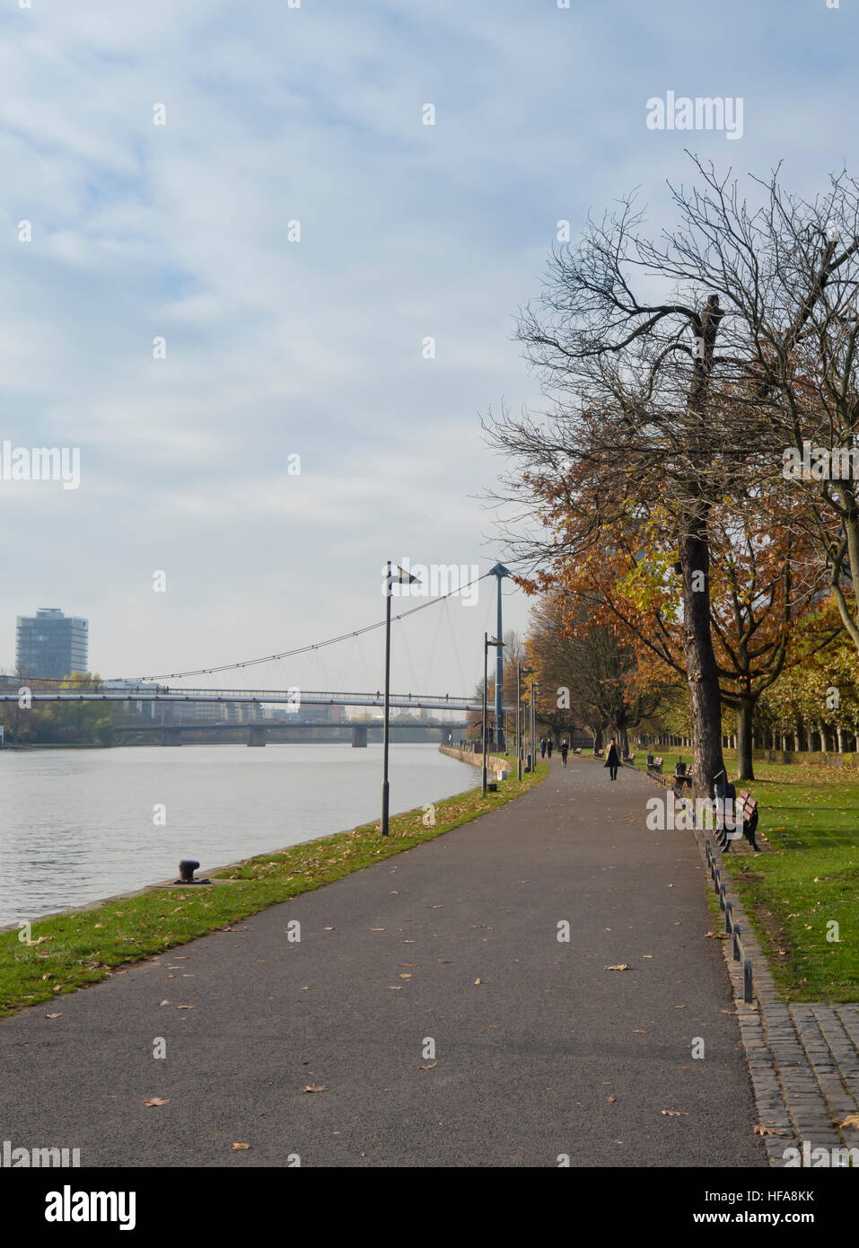 Morning stroll along the riverbanks of the river Main in Frankfurt ...