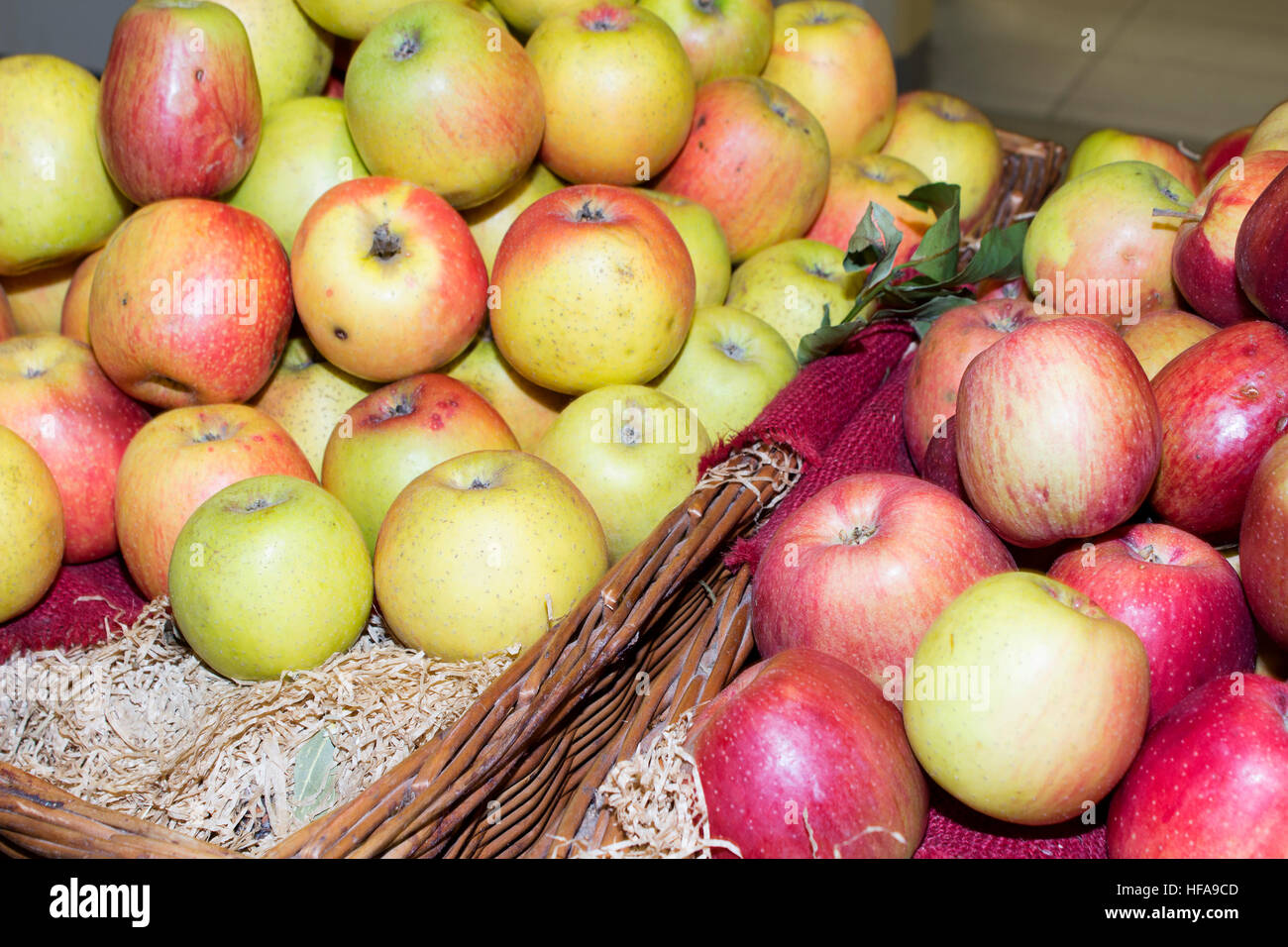 Eataly famous food store market: assortment of red and green fresh apples with prices on sale in ...