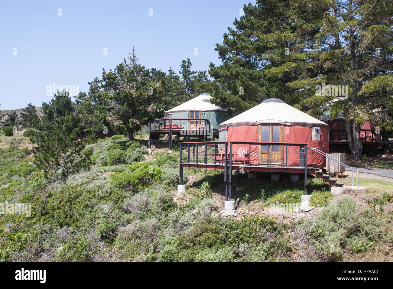 Yurt style tents at Treebones Resort with balcony above National ...