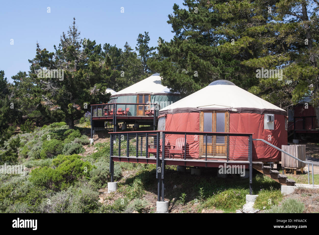 Yurt style tents at Treebones Resort with balcony above National ...