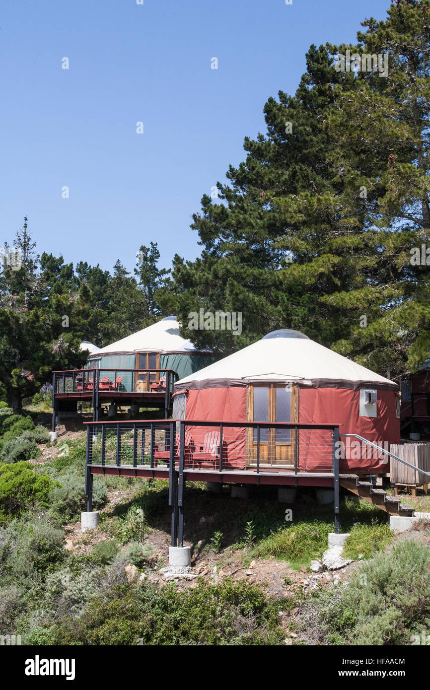 Yurt style tents at Treebones Resort with balcony above National ...