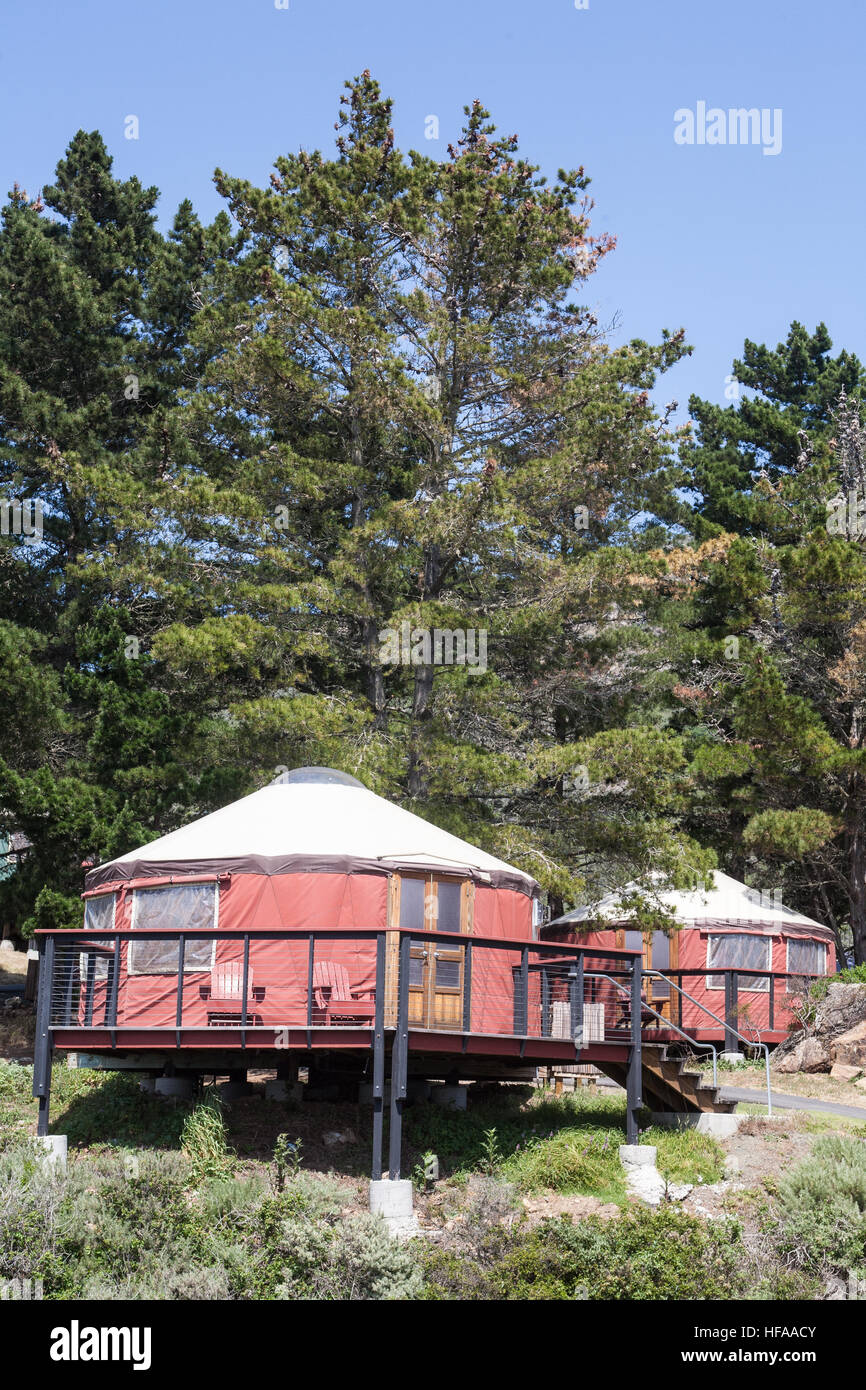 Yurt style tents at Treebones Resort with balcony above National ...