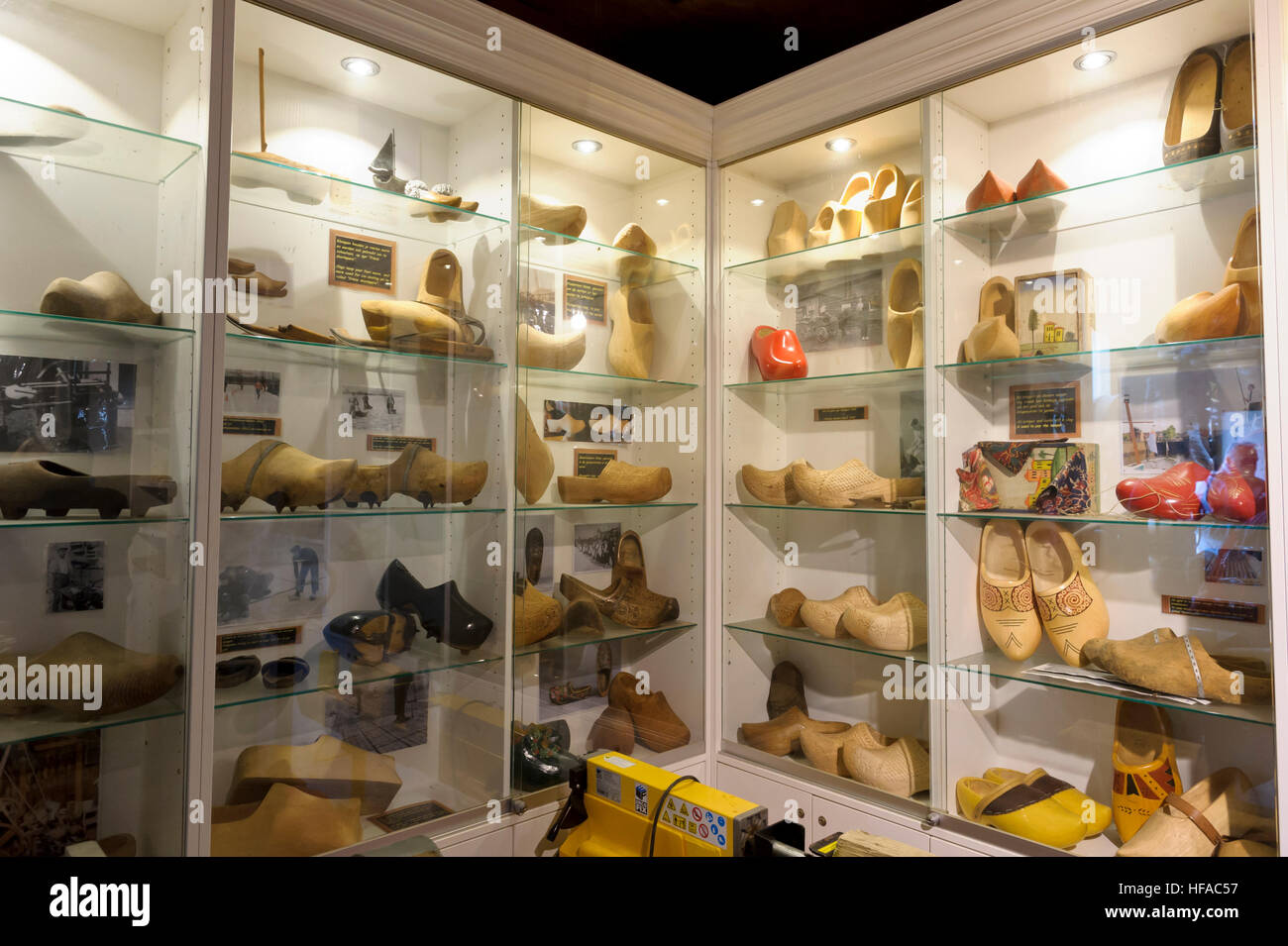 Beautiful handmade clogs on display in a cabinet in a clogs factory ...