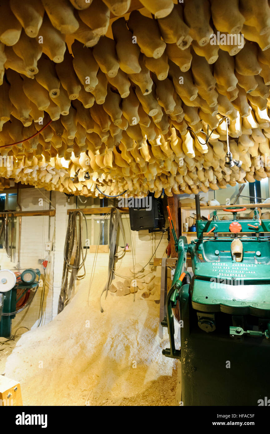 Unfinished wooden clogs hanging from the ceiling in a clogs factory ...