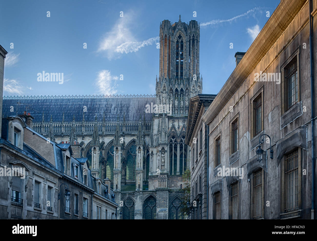 Reims cathedral and perpendicular street with old houses, France Stock ...