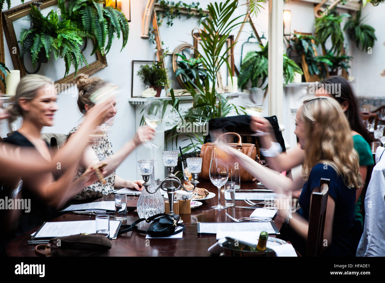 Friends Cheers across a table in a bar restaurant Stock Photo - Alamy