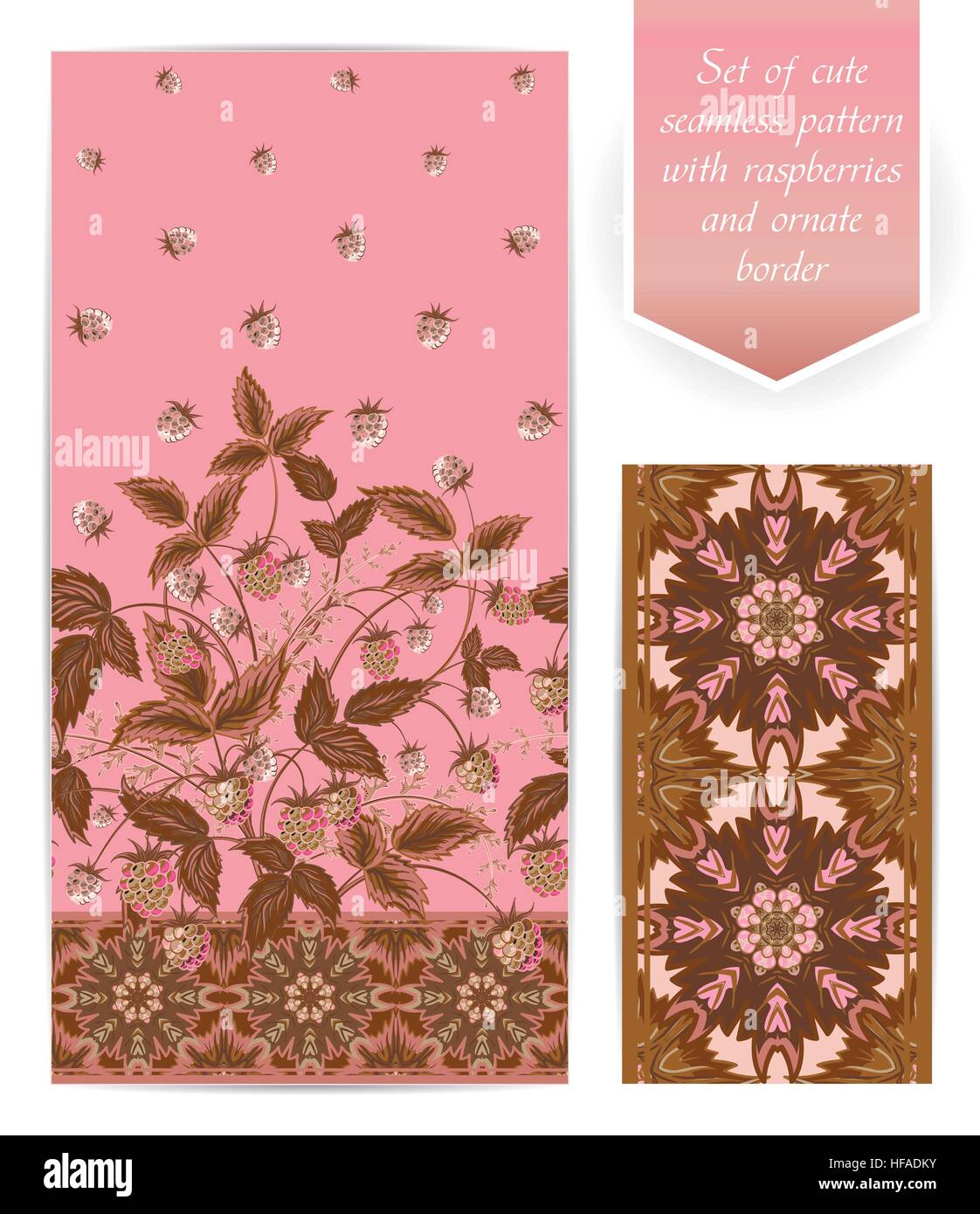 Set of pink brown raspberries seamless vertical floral design and ...