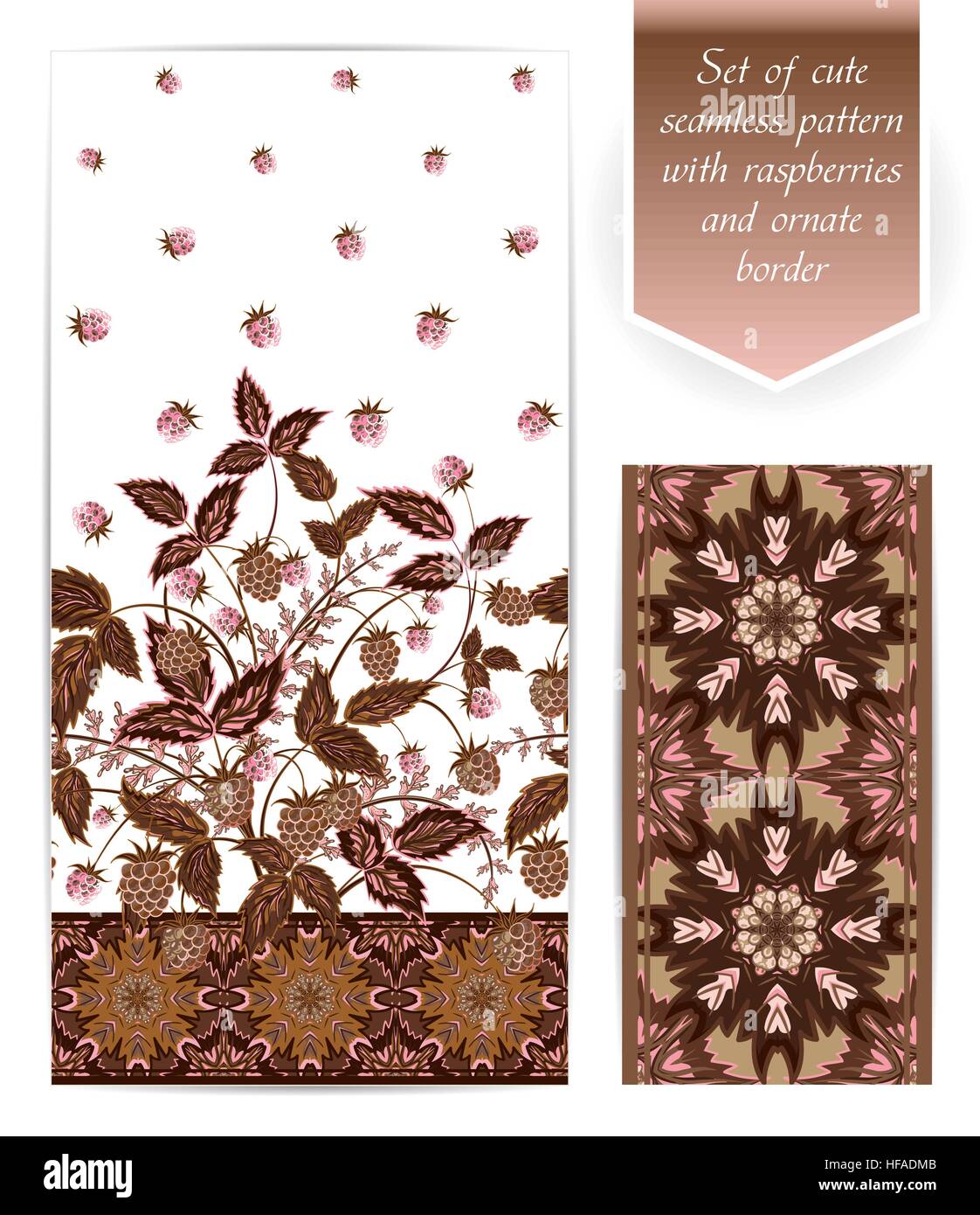 Set of pink brown raspberries seamless vertical floral design and ...