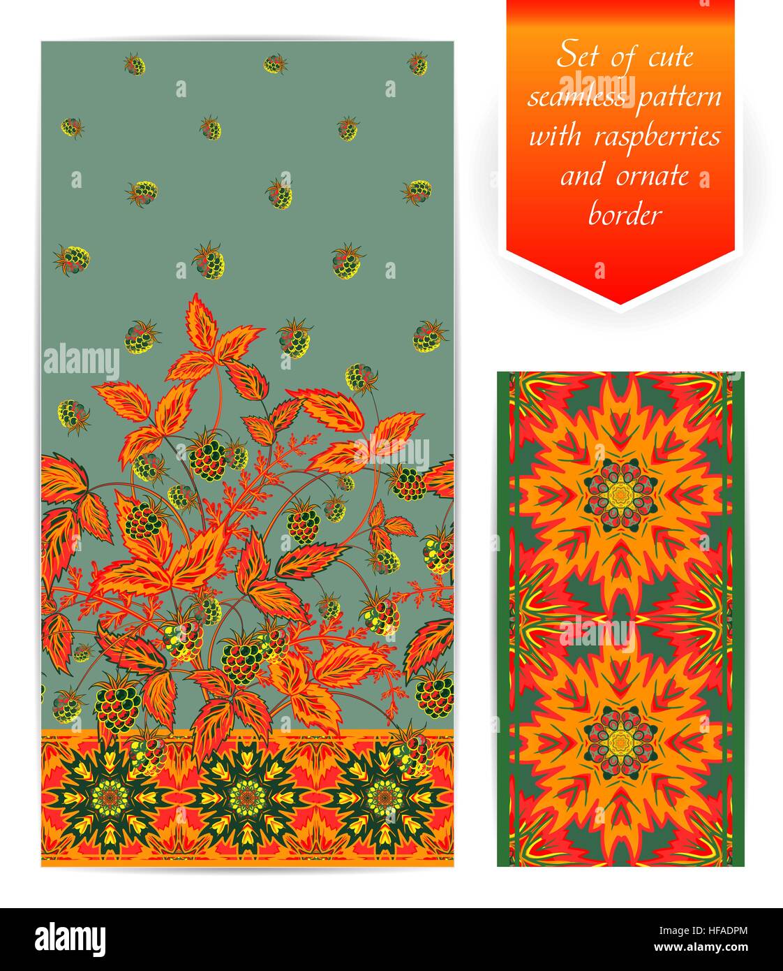 Set of orange raspberries seamless vertical floral design and ornate ...