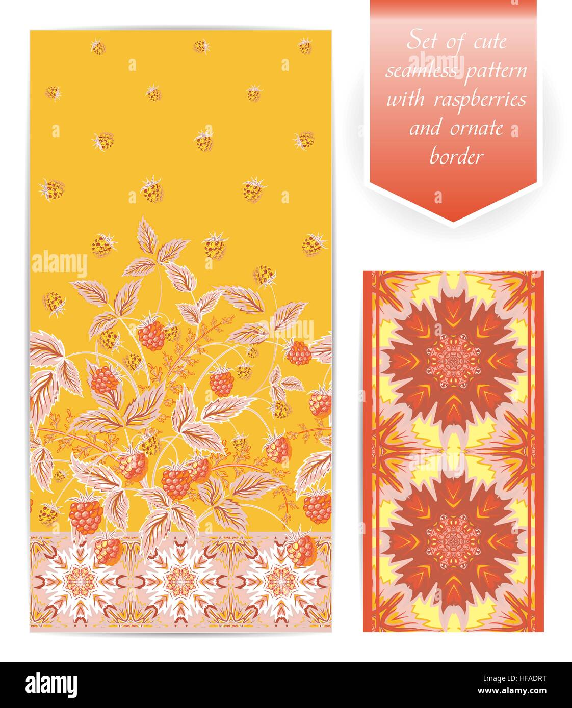 Set of yellow brown raspberries seamless vertical floral design and ...