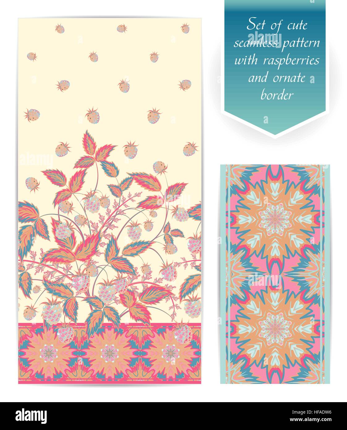 Set of pink raspberries seamless vertical floral design and ornate ...