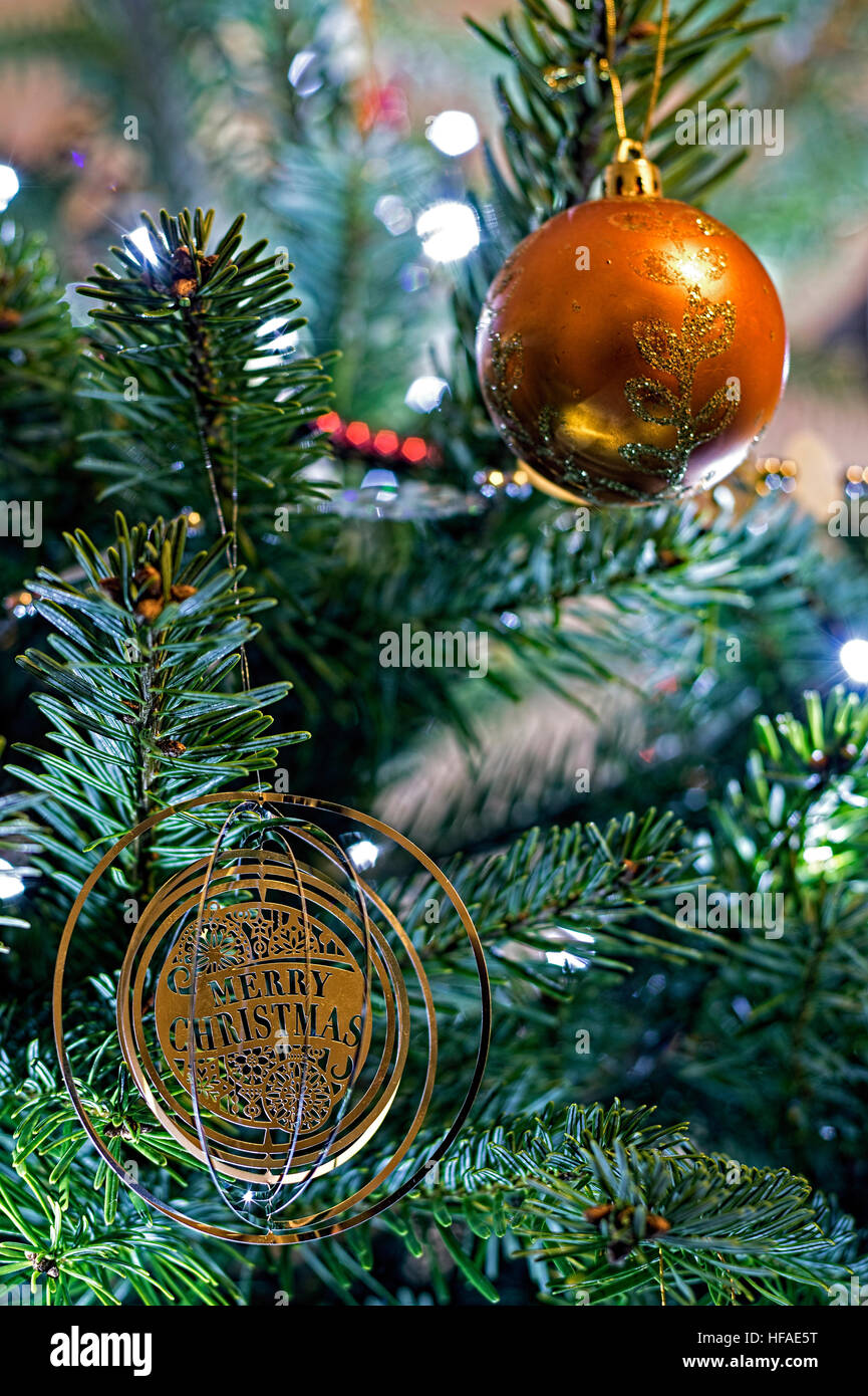 Xmas/Christmas tree with decorations and lights Stock Photo - Alamy