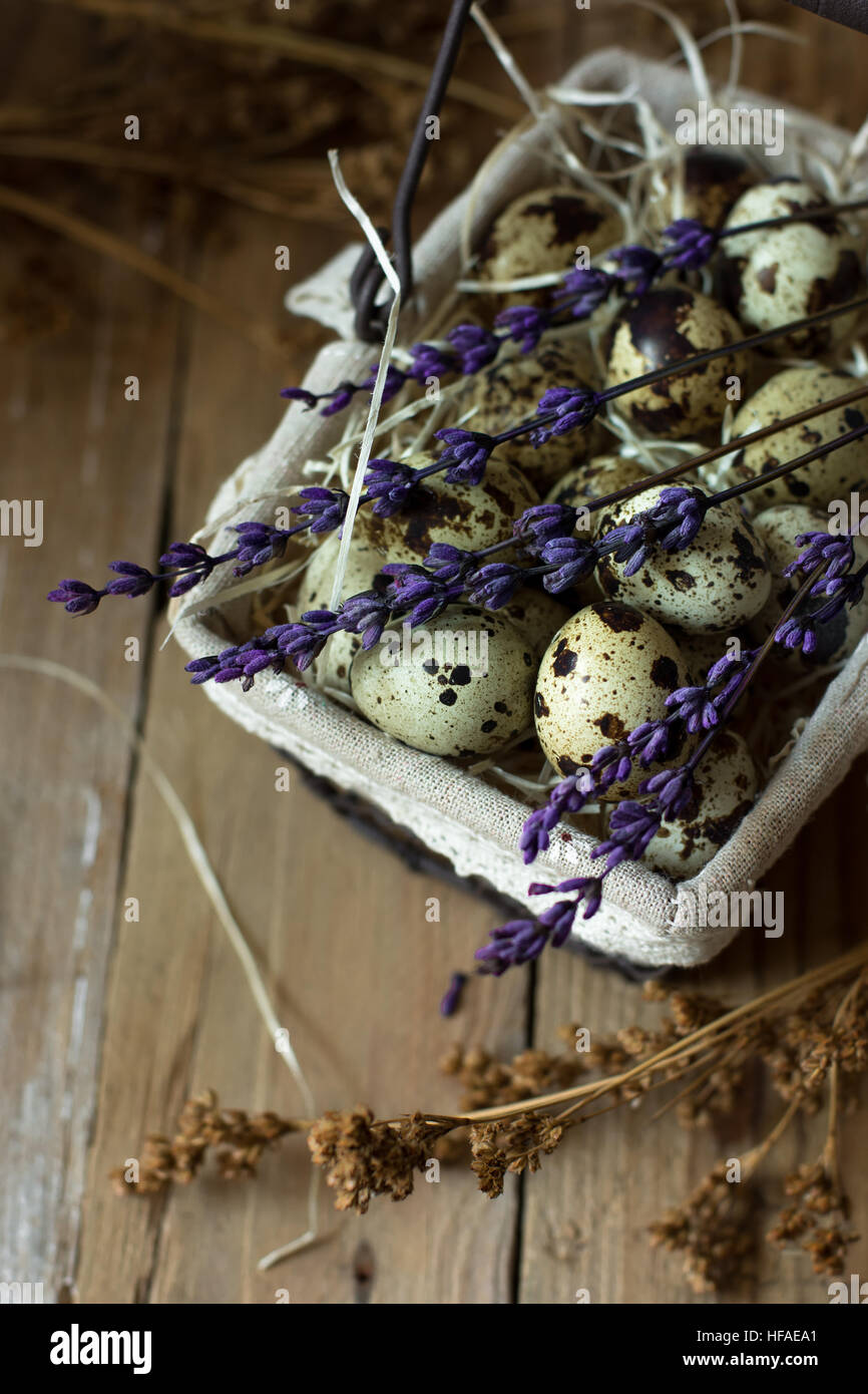 Quail eggs in a wire basket with lavender twigs,dry beige flowers,barn ...