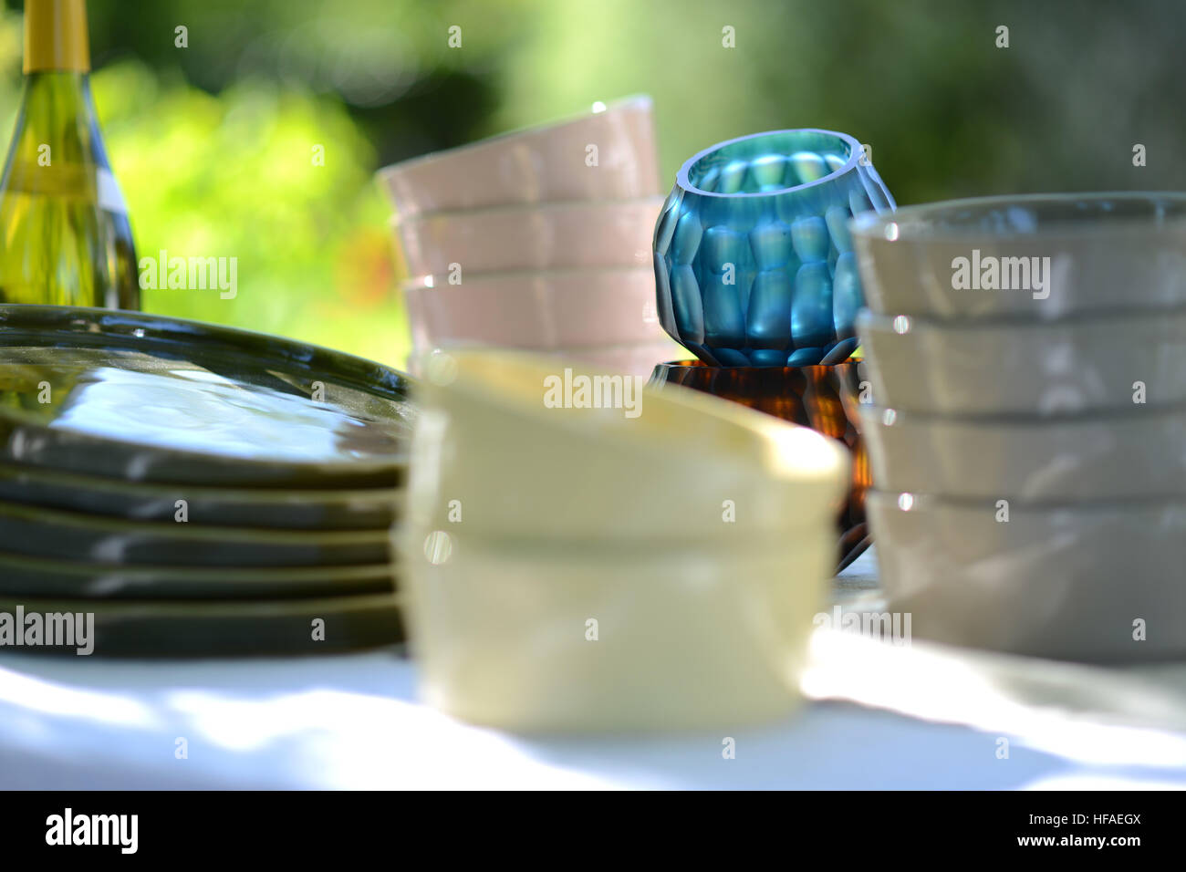Alfresco dining, table set for an evening meal outside Stock Photo - Alamy