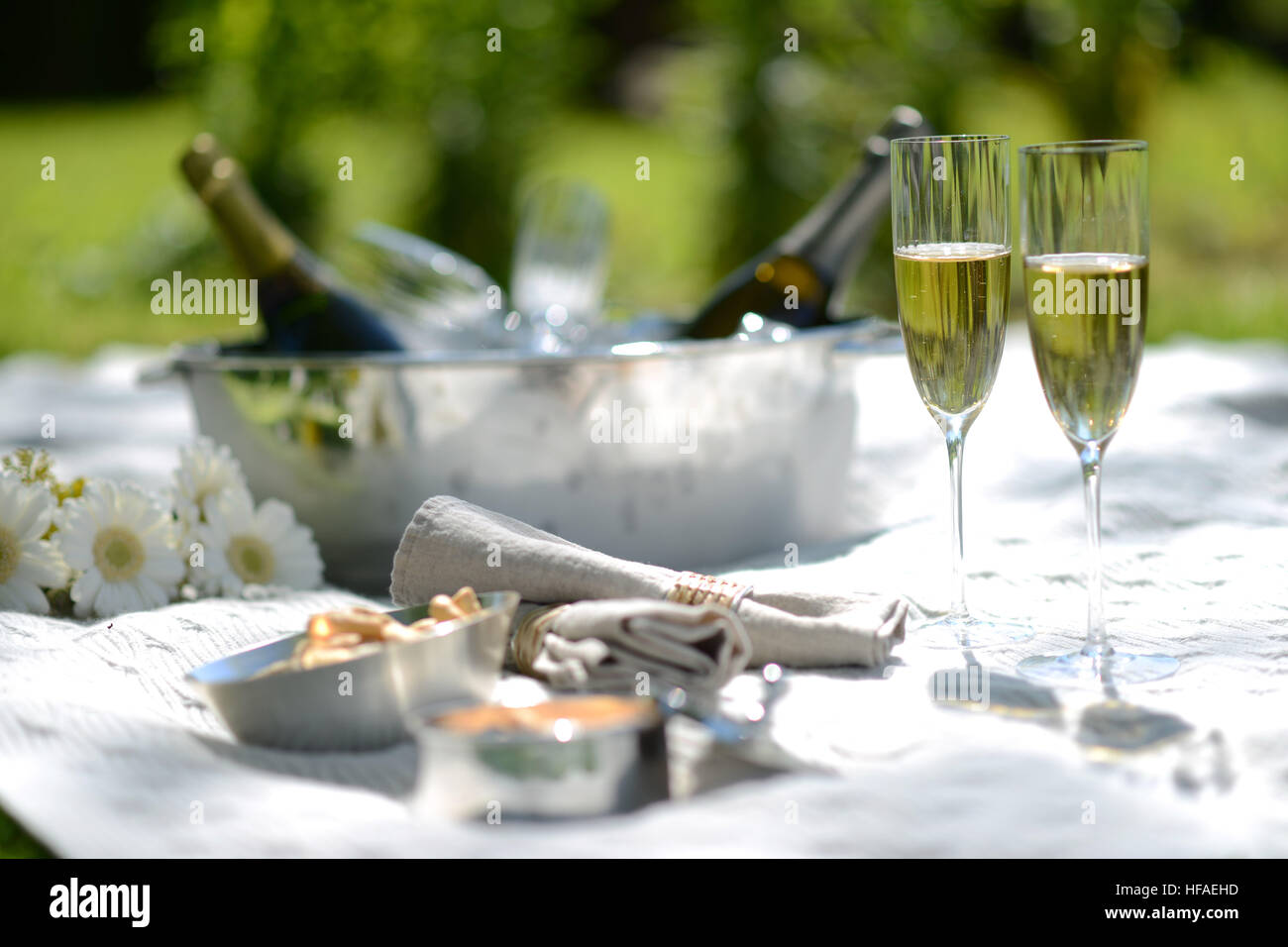 luxury summer picnic with champagne and silverware Stock Photo - Alamy