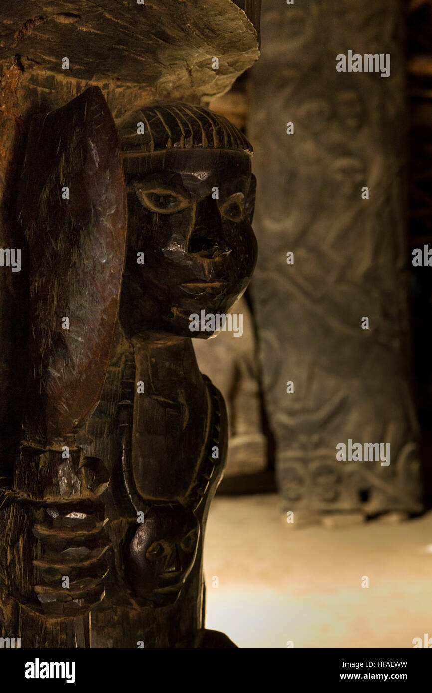 Detail of woodcraft in a traditional longhouse, Longwah village, Tirap ...