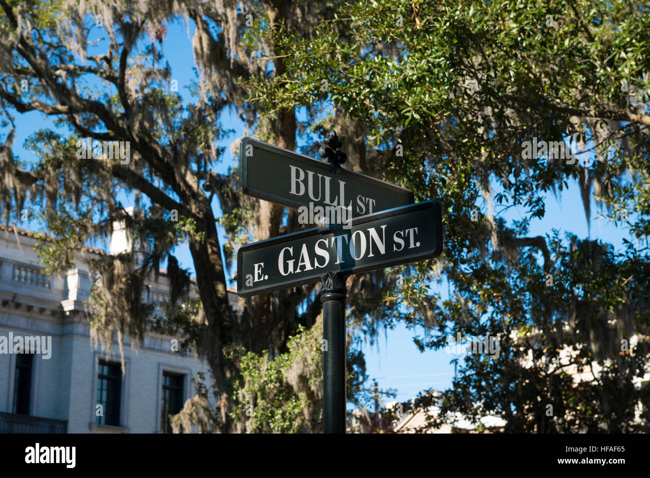 USA Georgia Savannah typical road signs Bull & E Gaston Street trees ...