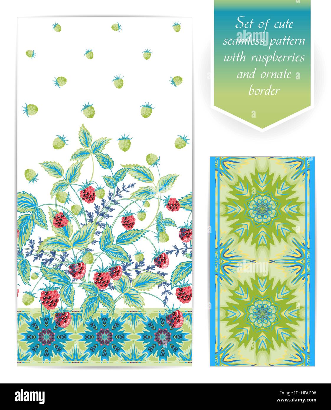 Summer seamless border template with raspberry leaves and berries ...