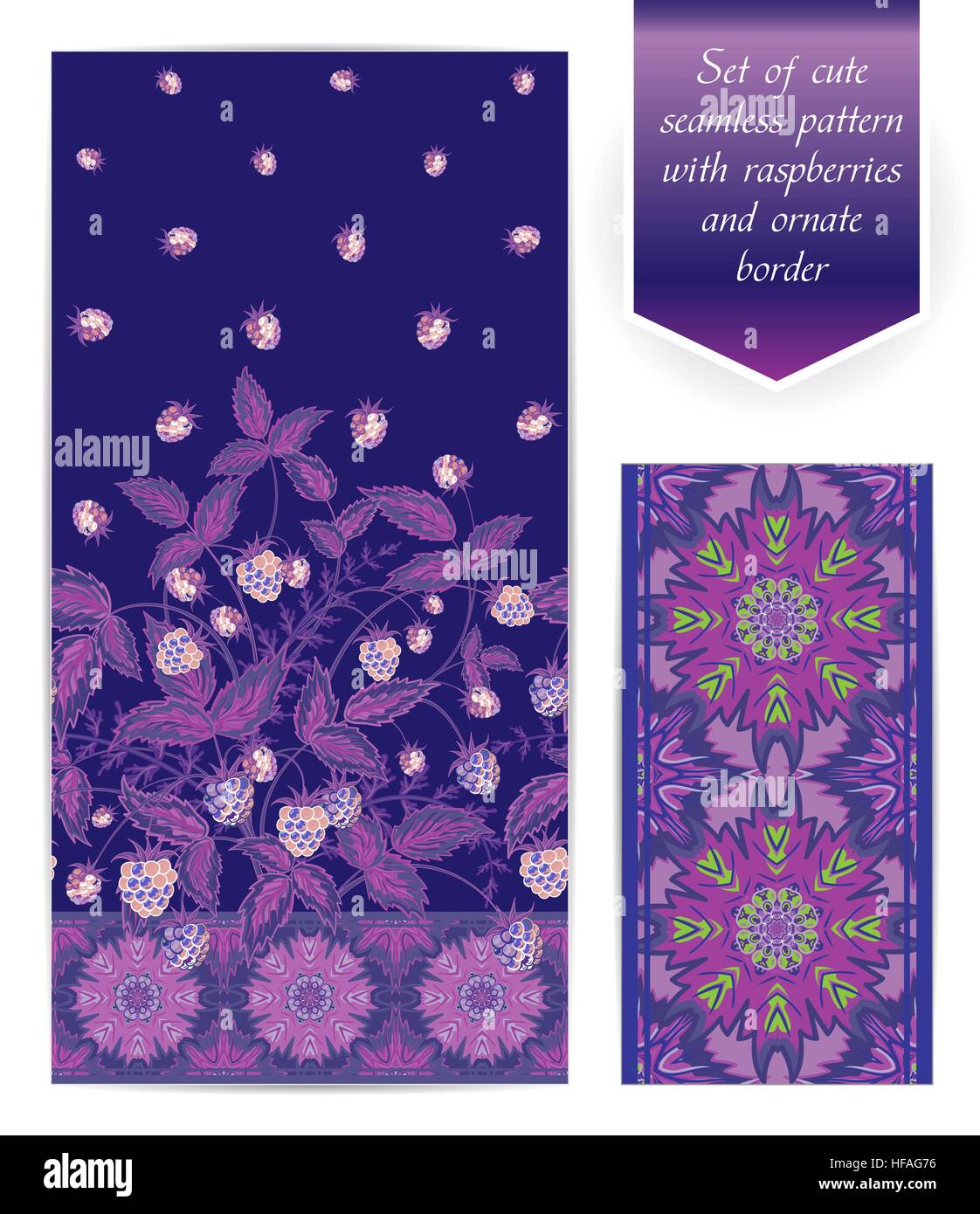 Summer seamless border template with raspberry leaves and berries ...