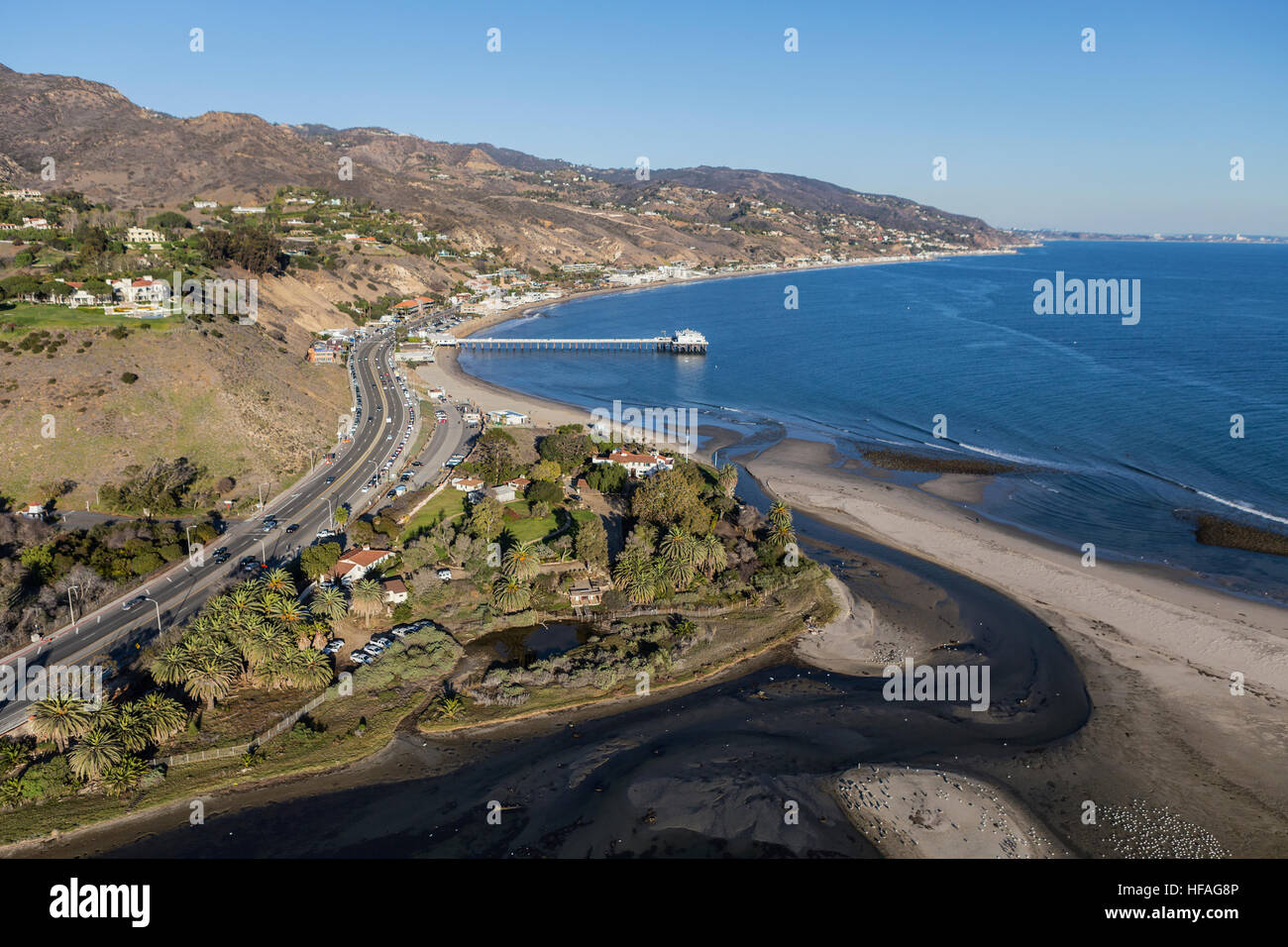 Aerial of Malibu Lagoon, Surfrider beach and the Southern California ...