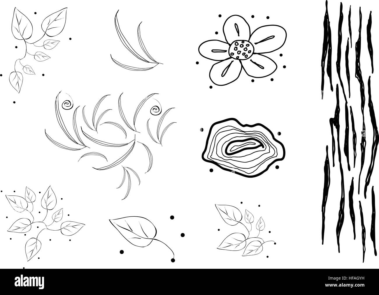 Illustration Set of Various Doodle Flowers, Leaves, Distressed Scratch ...
