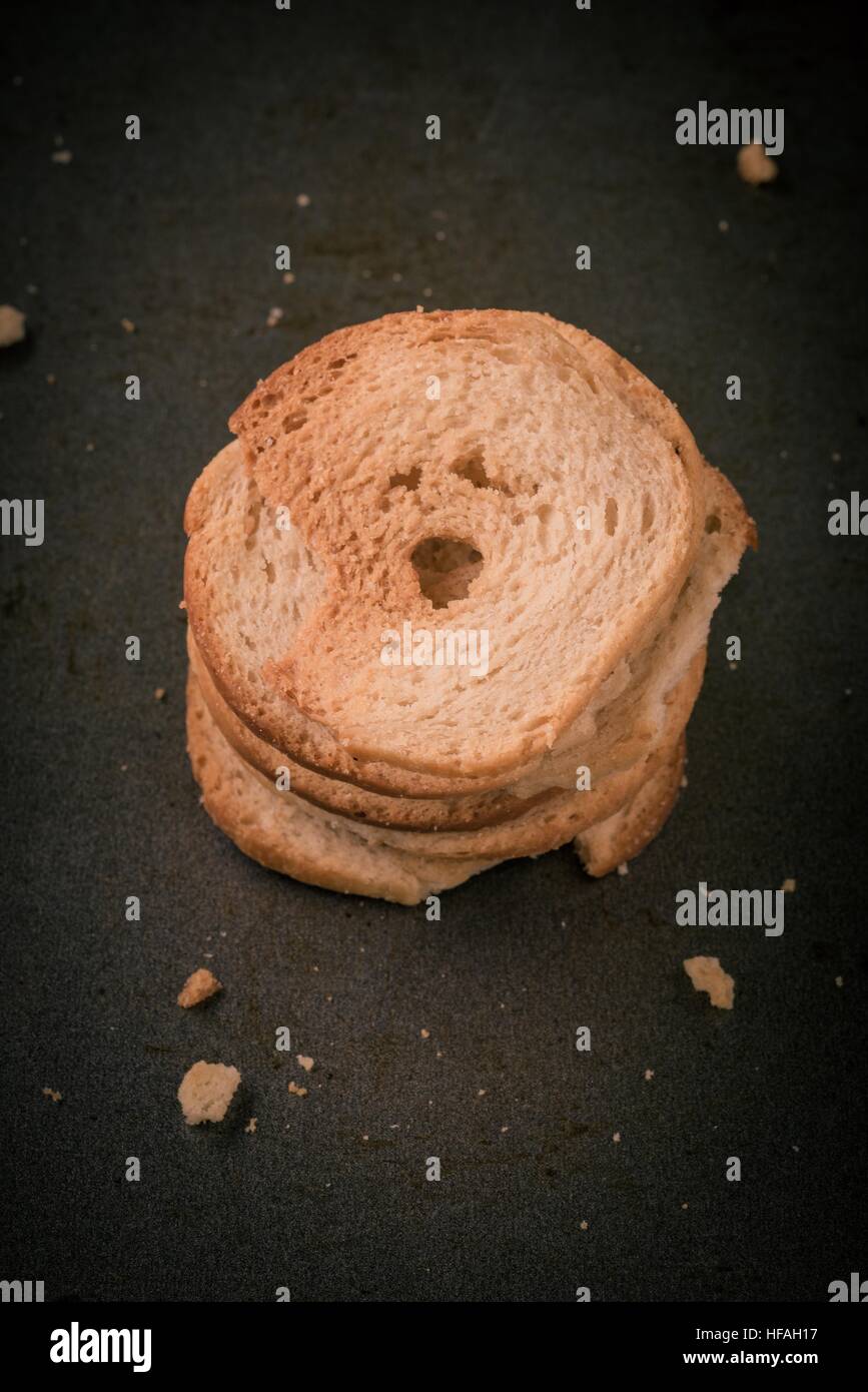 Vertical photo with top view on single stack created by baked rolls cut ...