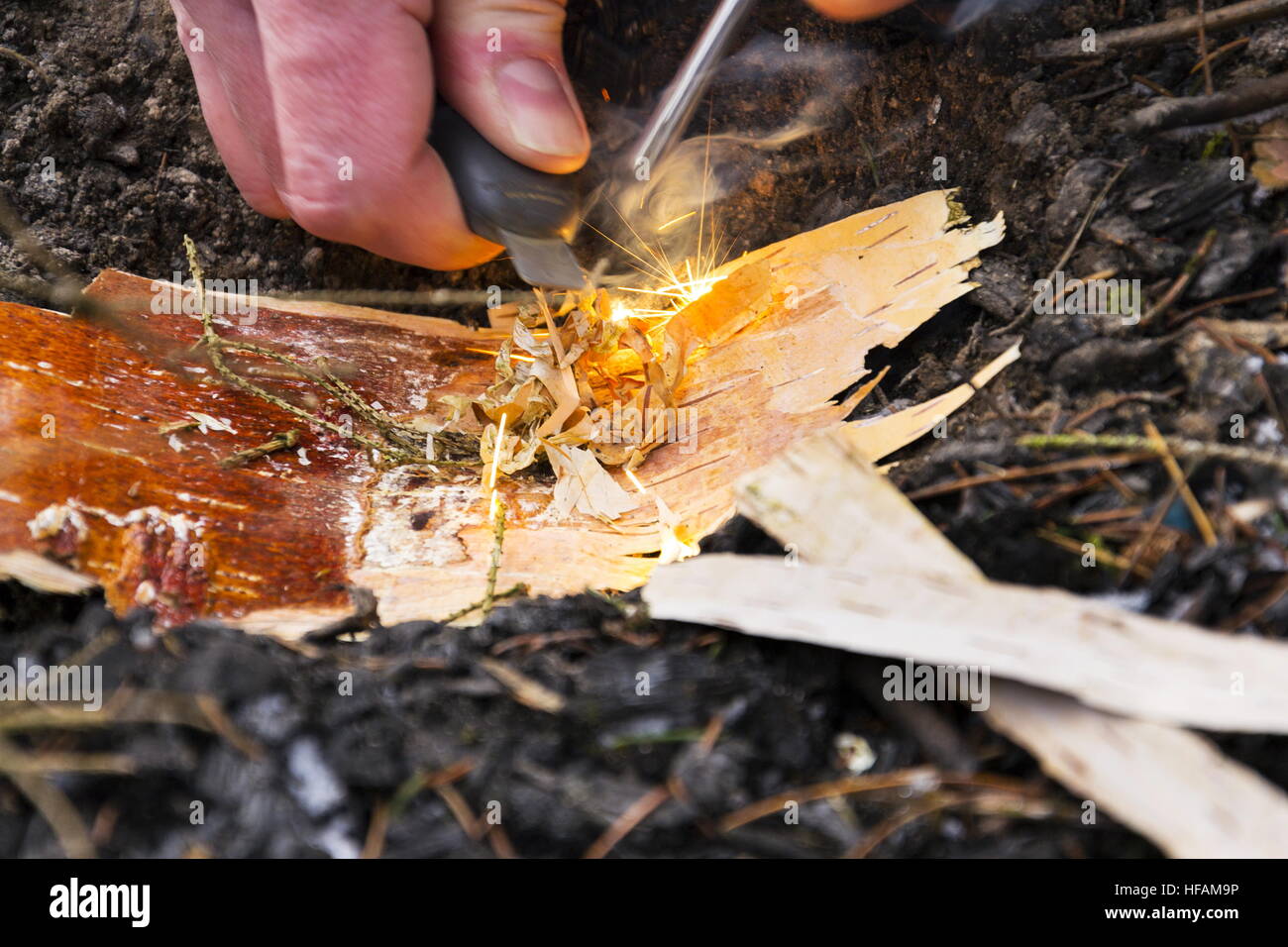 Male hand starts fire with magnesium fire steel, fire striker Stock ...