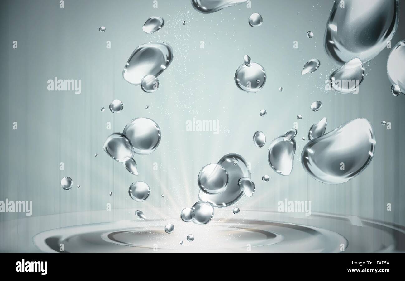 water bubble elements fall and make splash, 3d illustration Stock ...